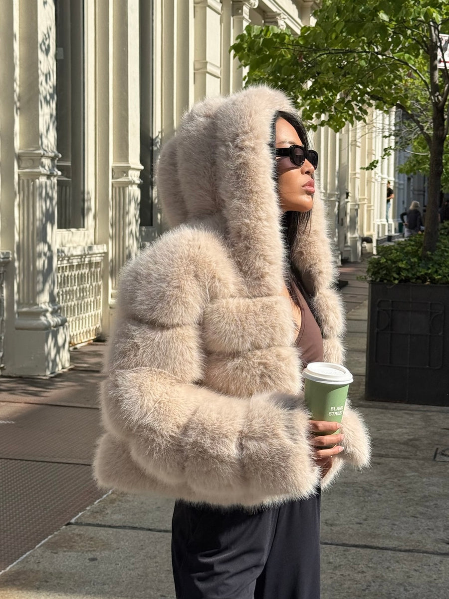 HOODED FAUX FUR JACKET - BEIGE – DTL Sport